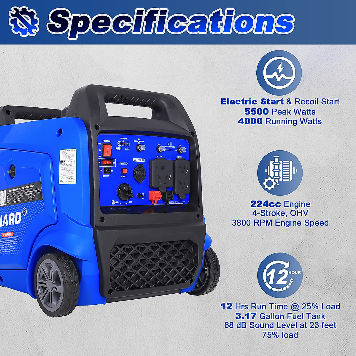 BILT HARD Generator 5500 Watt, Dual Fuel Quiet Inverter Generator with Electric Start, 120V NEMA 5-20R, NEMA TT-30R and 12V DC Output, 224cc Portable Outdoor Generators for Home Backup and RV Ready