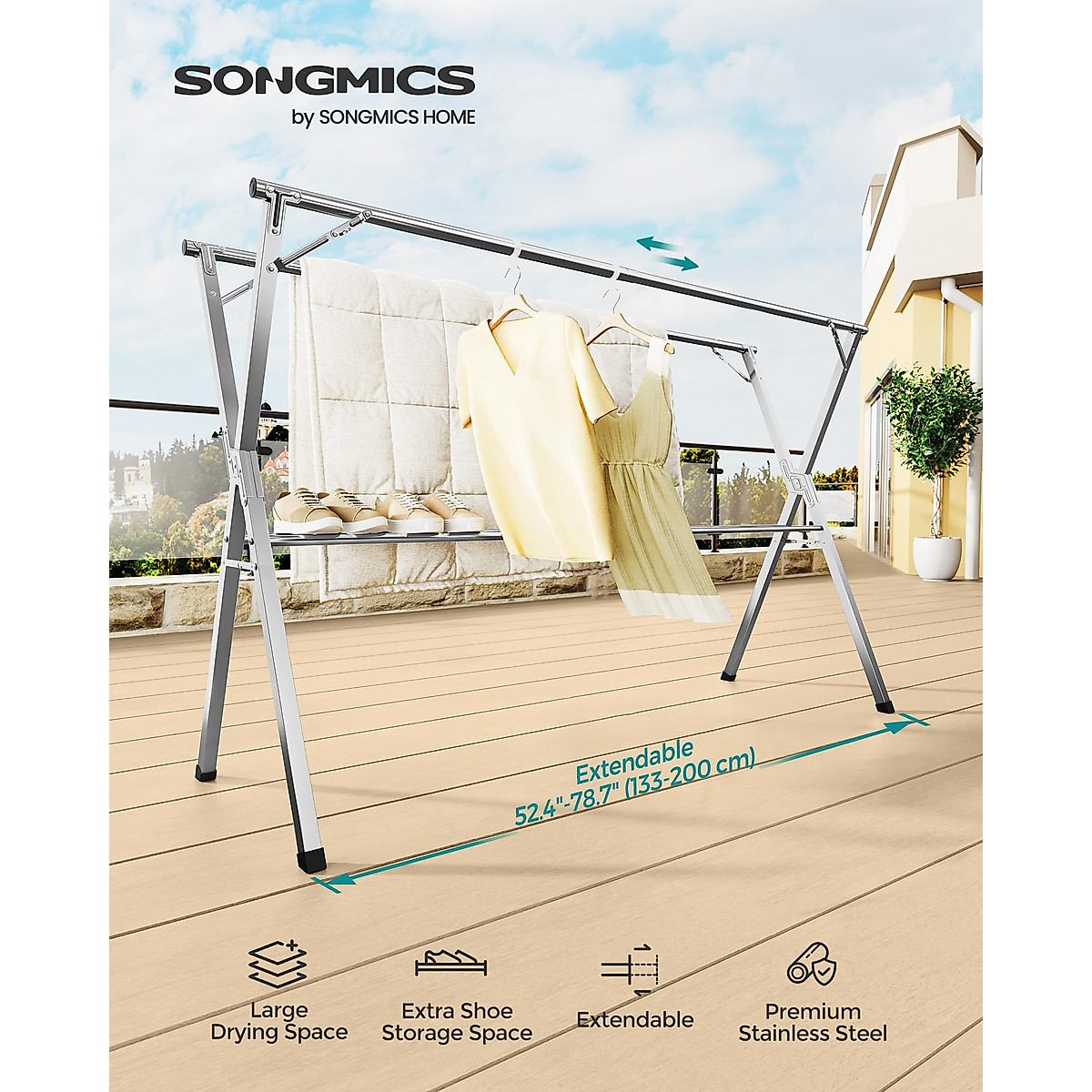 SONGMICS Clothes Drying Rack, Heavy-Duty Laundry Drying Rack, 52.4-78.7 Inches Extendable, Foldable Freestanding Airer, Stainless Steel, for Indoor Outdoor Use, Dove Gray ULLR902E01