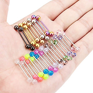 SCERRING 15 Pairs 14G Stainless Steel Tongue Barbell Ring Nippleings Nipple Rings Shinny Acrylic Glow in Dark Balls Body Piercing Jewelry Retainer 16mm