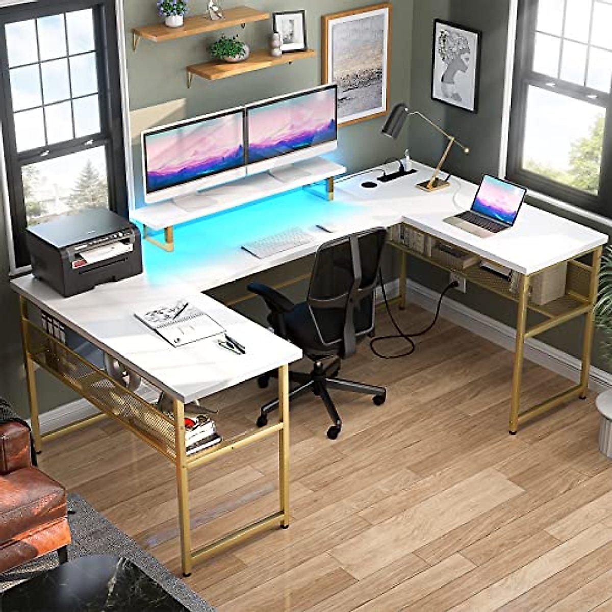 Unikito U Shaped Desk with LED Strip and Power Outlet, Reversible Large Corner Computer Desk with Monitor Stand and Storage Shelf, 83 Inch U Shape Office Desks, 2 Person L Shaped Gaming Table, White