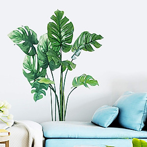 Leaf Wall Decals Monstera Leaf Tropical Plants Wall Stickers for Living Room, Palm Leaf Wall Posters Natural Green Plants Art Murals Vinyl Wallpaper for Bedroom Nursery Office