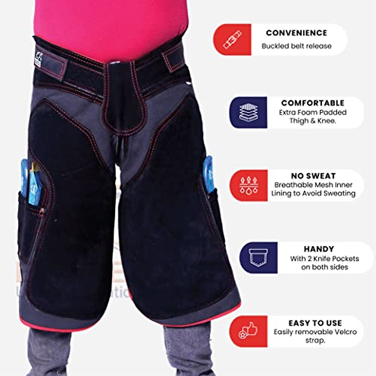 Equine Care Farrier Chaps 4 Knife Pocket, Nail Magnet Cow Hide Leather & Canvas Shoeing Apron 29 inches- 75CM.