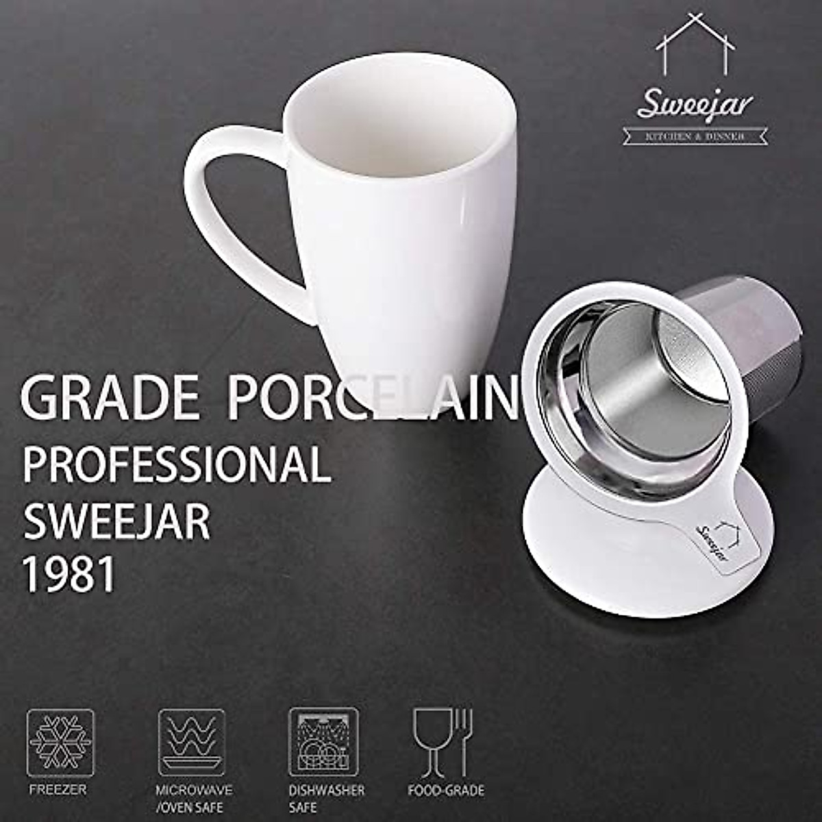 Sweejar Porcelain Tea Mug with Infuser and Lid,Teaware with Filter, Loose Leaf Tea Cup Steeper Maker, 16 Fl Oz for Tea/Coffee/Milk/Women/Office/Home/Gift (White)
