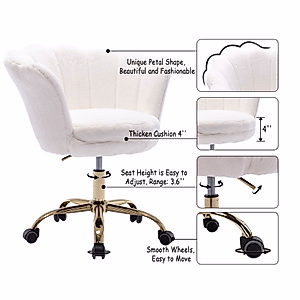 White Desk Chair Fluffy Task Vanity Chair Home Office Chair Adjustable Rolling Swivel Chair with Wheels for Teens Adults Bedroom Study Room, Faux Fur