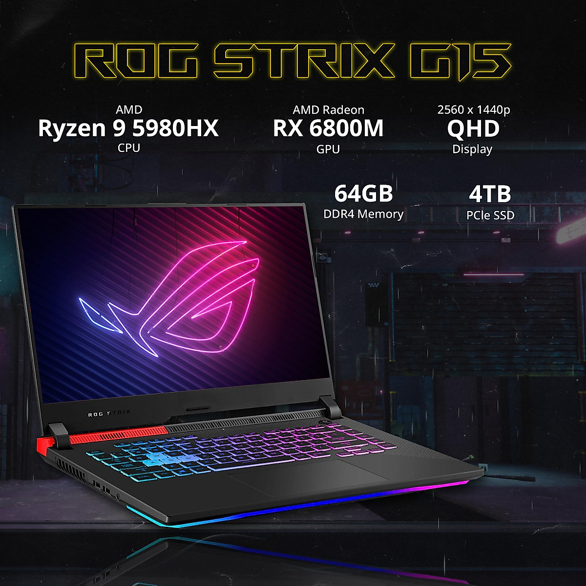 ASUS ROG Strix G15 Gaming Laptop, 15.6" QHD 165Hz Display, AMD Ryzen 9 5980HX, 64GB RAM, 4TB PCIe SSD, RGB Backlit Keyboard, Radeon RX 6800M, Win 10 Pro, Black, 128GB Hotface Extension Set