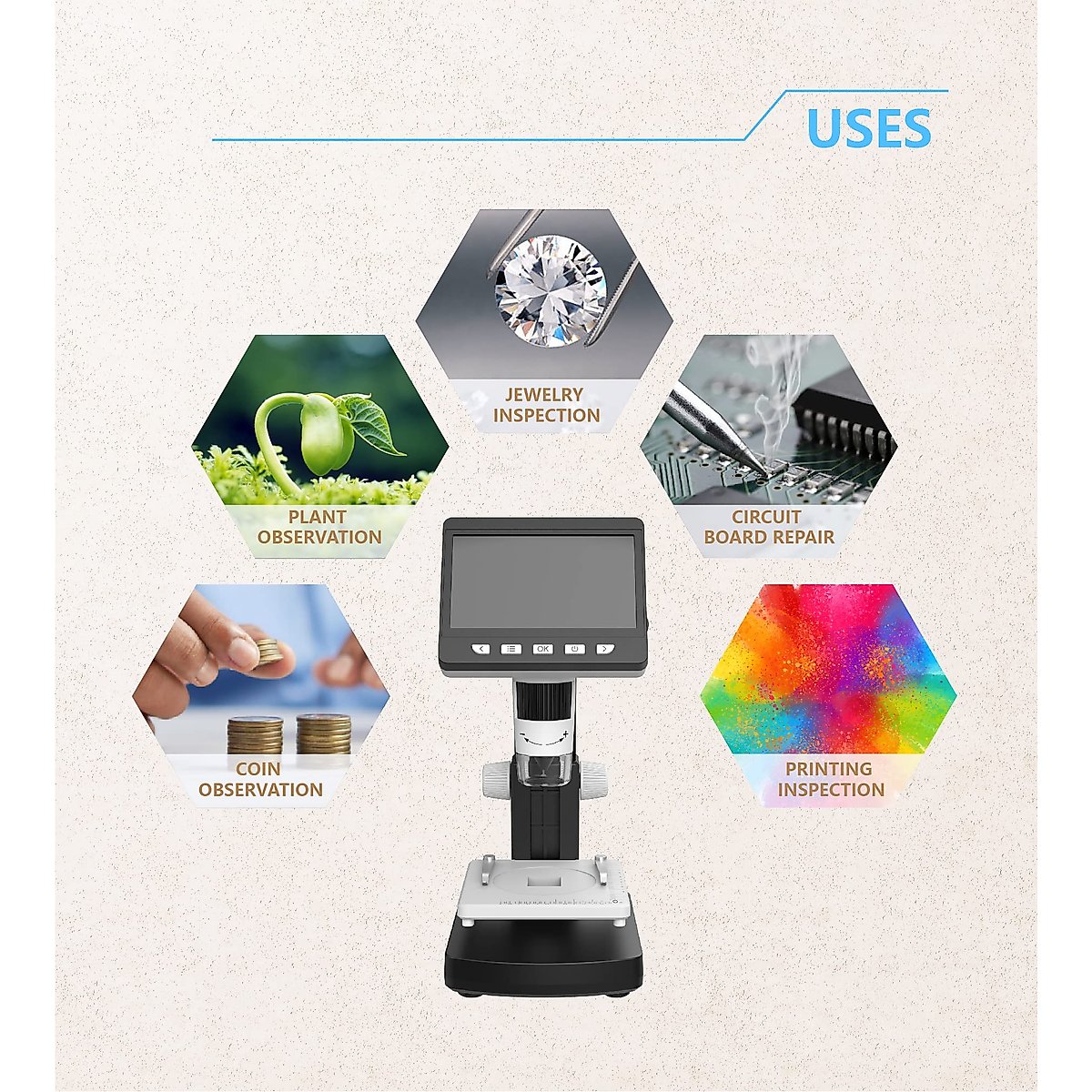 LCD Microscope 4.3" IPS Screen, 1080P Digital Stand Microscope Inspetion Camera, 8 LED Lights, 50x-1000x Magnification, USB Electron Microscopes Compatible with Computer