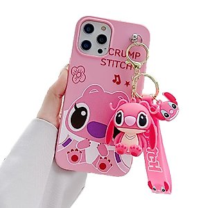 iFiLOVE for iPhone 14 Pro Max Stitch Case, Girls Boys Women Kids Cute Cartoon Character with Charm Pendant Strap Slim Soft TPU Protective Case Cover for iPhone 14 Pro Max (Pink)