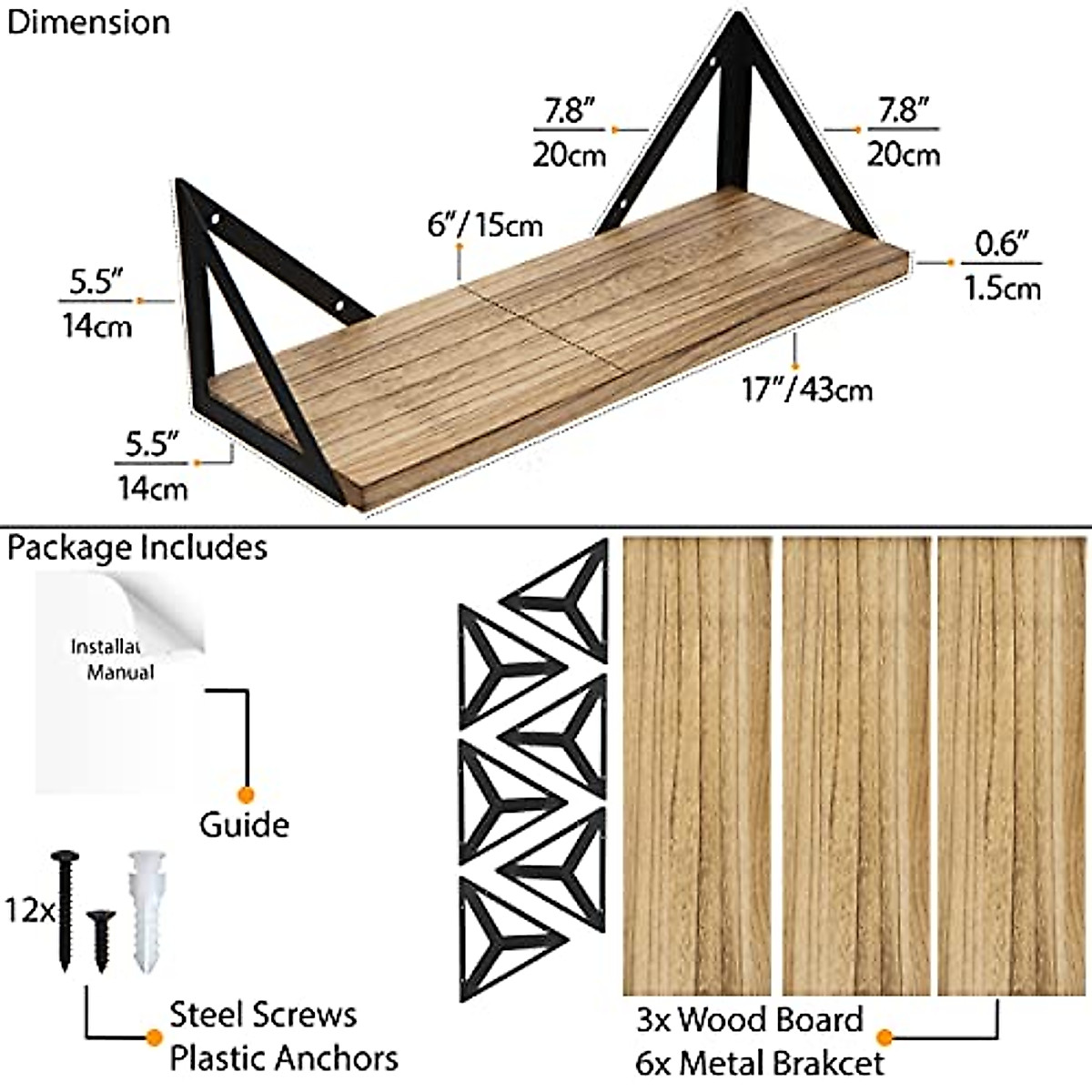 Wallniture Minori Floating Shelves Set of 3, Small Bookshelf Unit for Living Room, Office, and Bedroom, Natural Burned Rustic Wood Wall Decor with Metal Floating Shelf Bracket 6D x 17W x 5.5H in