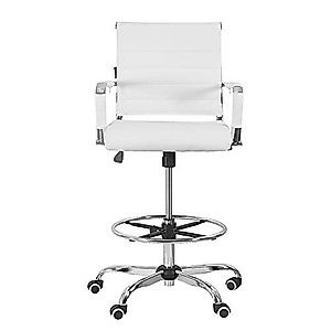 LUCKWIND Drafting Chair Tall Office Chair Ribbed - Mid-Back PU Leather Standing Desk Stool with Adjustable Foot Ring Padded Armrests Tilt-Tension Rocker Lumbar Support Swivel Rolling 400lbs, White