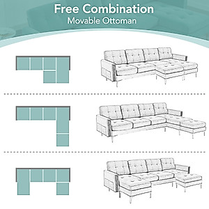 Favfurish 110" L Shape Convertible Sectional Sofa with Movable Ottoman，Velvet U-Shape Modular Couch，for Living Room,Apartment, Office，Green