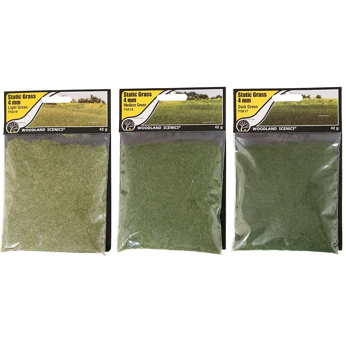 Woodland Scenics Static Grass, Light Green, Medium Green, and Dark Green, 4mm (Pack of 3) - with Make Your Day Paintbrushes