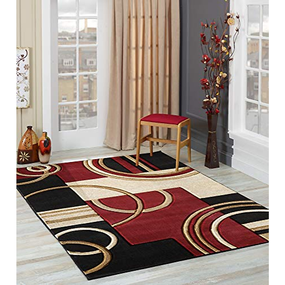 GLORY RUGS Area Rug Modern 5x7 Dark Red Soft Hand Carved Contemporary Floor Carpet with Premium Fluffy Texture for Indoor Living Dining Room and Bedroom Area.