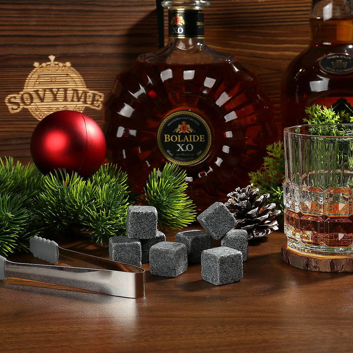 Sovyime Whiskey Stones Gifts for Men, Groomsmen Gifts, Granite Chilling Stones Bourbon Whiskey Glasses Set, Unique Birthday Gifts for Men Christmas Father's Day Valentine Retirement