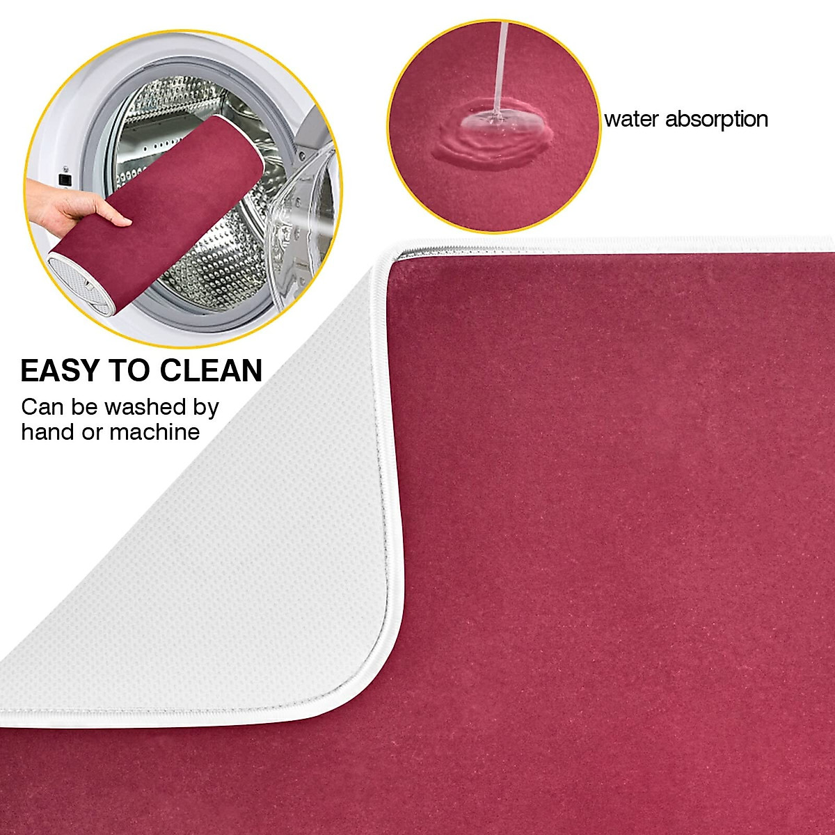 xigua Burgundy Red Solid Color Dish Drying Mat for Kitchen Counter, Absorbent Microfiber Dishes Drainer Mats, Tableware Protector Dish Drying Pad 18x24in