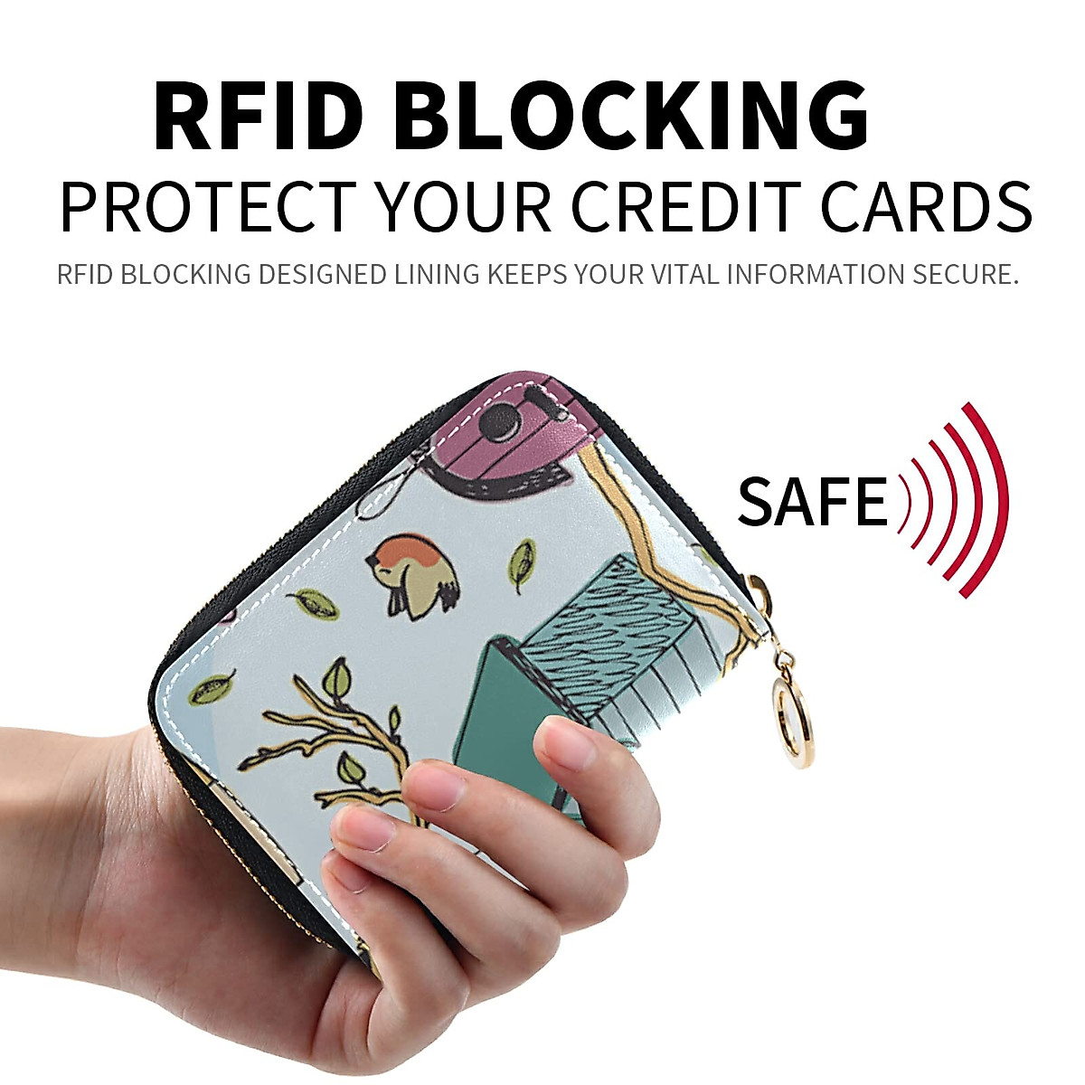 Colorful Birds and Starling Houses Tree Branches Blue SkyGrey Credit Card Coin wallet, RFID Blocking Compact Women Leather Card Holder, Key Change Organizer, Zipper Purse Clutch Pouch