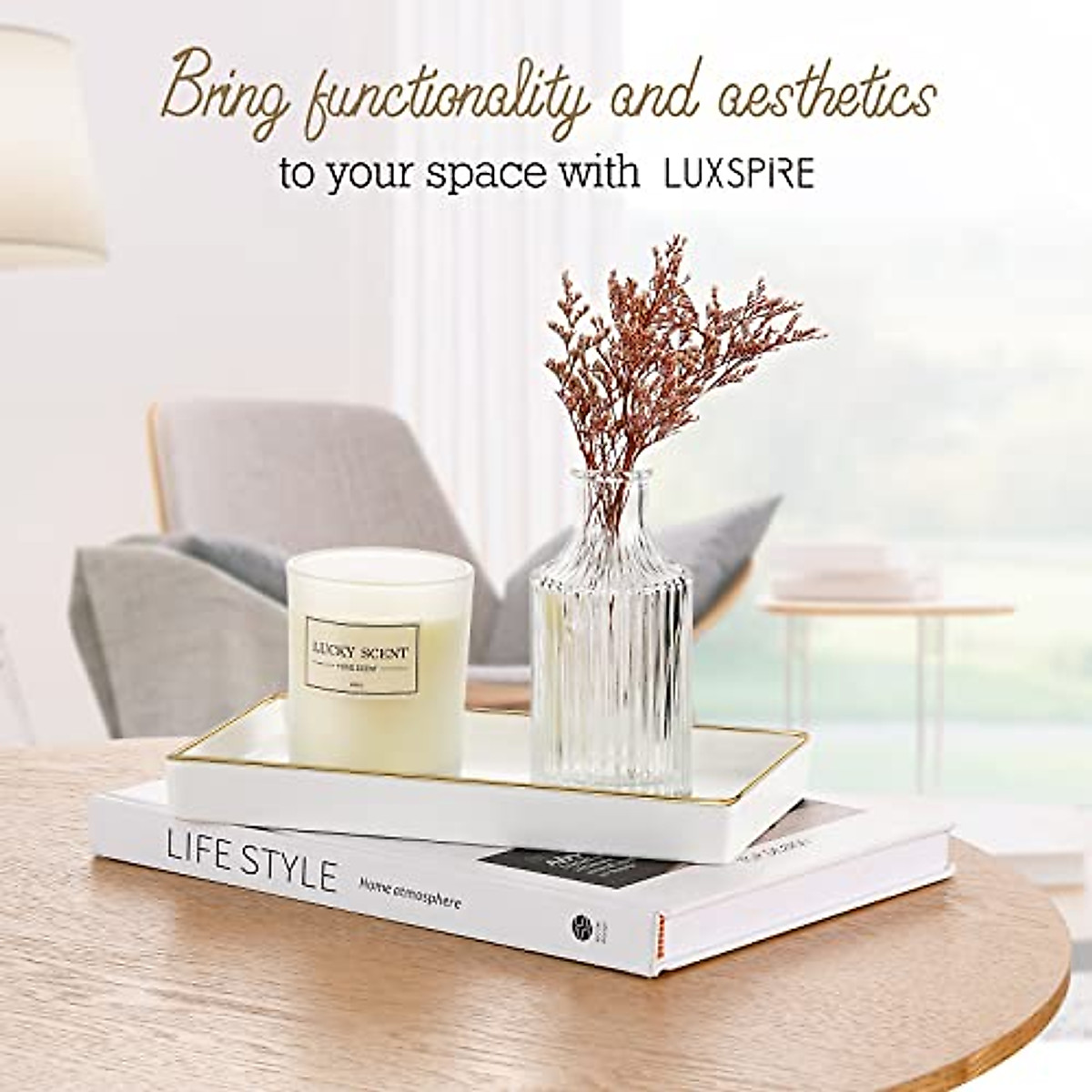 Luxspire Bathroom Vanity Tray, Ceramic Decorative Tray Jewelry Counter Storage Organizer, Gold Edged Dresser Kitchen Sink Tray for Perfume Candle Holder Bathroom Accessories -S- Matte White