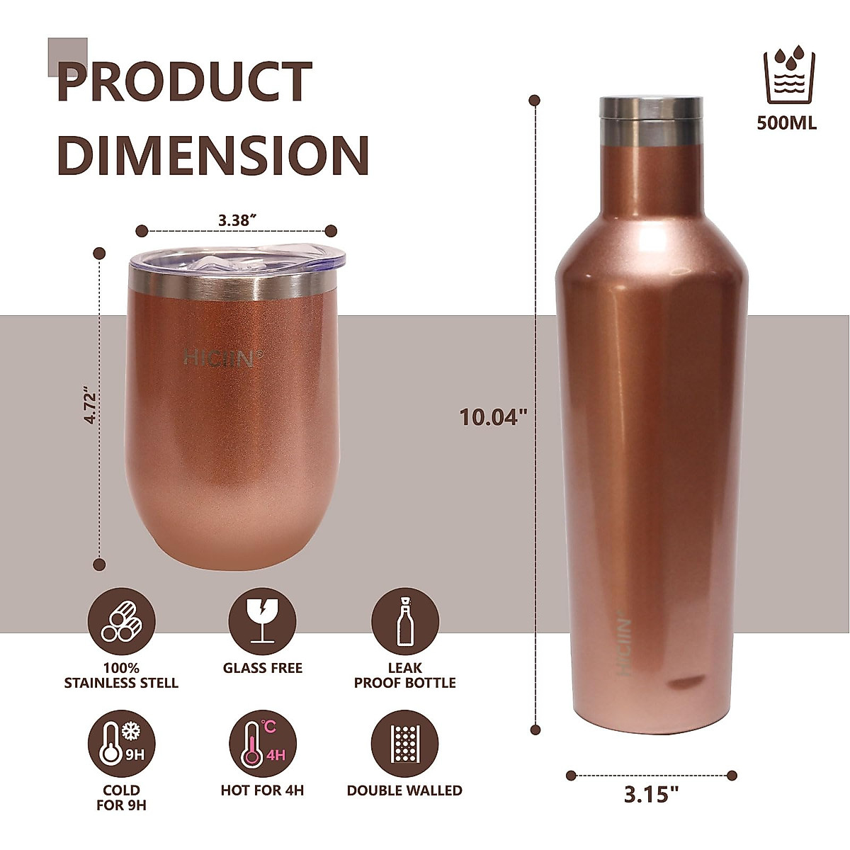 Hiciin Stainless Steel Wine Tumblers with Lid TWO 12oz & Insulated Wine bottle ONE 25oz&Gift Set with well packaged box.Keep water,wine,drinks with warm or cold (Champagne Gold)