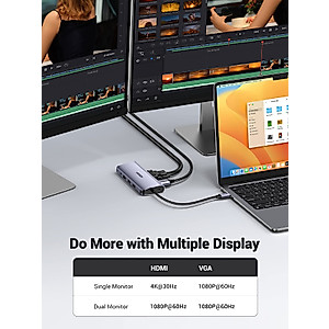 UGREEN USB C Hub, 10-in-1 USB-C Docking Station, 4K HDMI& VGA Dual Monitor, 1Gbps Ethernet, 100W PD, 3 3.0 Ports, 3.5mm Audio Jack, SD/TF Card Reader Multiport Adapter for MacBook iPad Dell HP