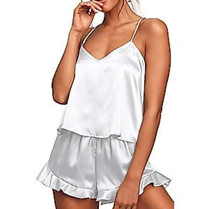 CHYRII Women's Sexy Cami Pajamas Sets Silk 2 PCS Lounge Sets with Ruffled Shorts Sleepwear White S