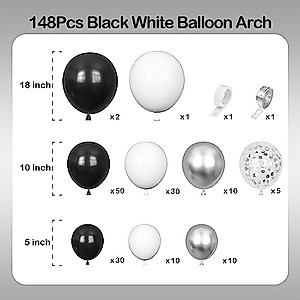 Black White Balloons Garland Arch Kit-148Pcs Confetti Silver Black White Balloons Party Decorations for Baby Shower Birthday New Years Engagement Wedding Anniversary Retirement