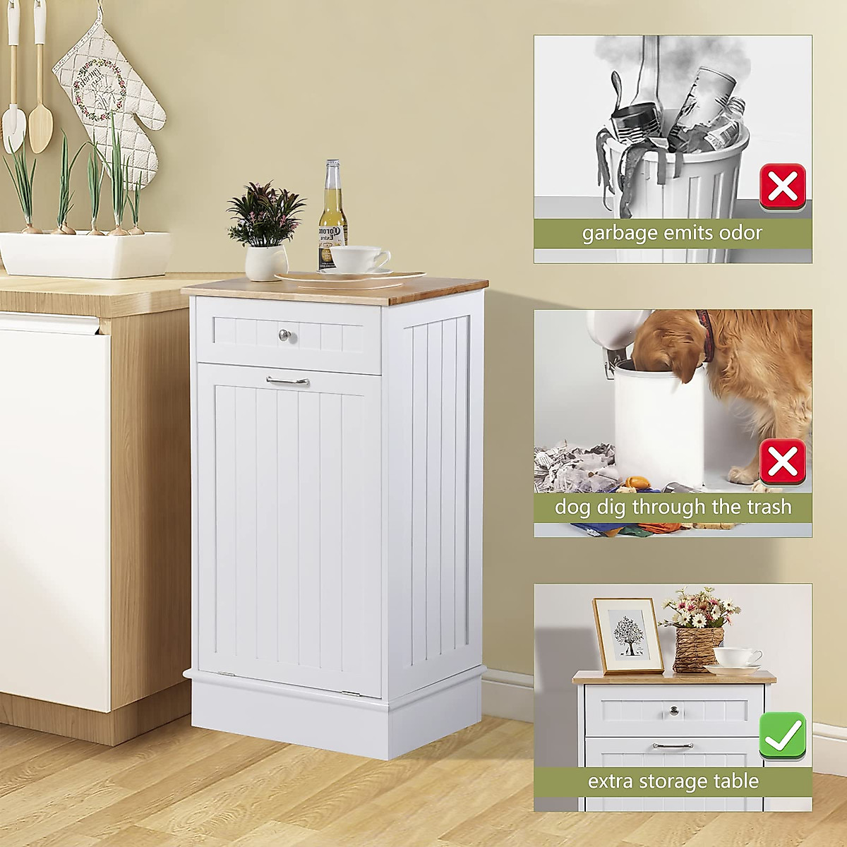 LOUVIXA Tilt Out Trash Bin Cabinet Dog Proof Trash Can Holder Kitchen Island with Garbage Bin or Tilt Out Laundry Hamper (White)