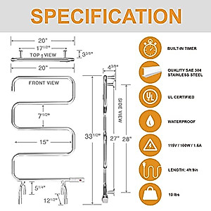 DAILYLIFE Towel Warmer Rack Stainless Steel, Wall Mount & Free Standing, Bended Heated Towel Rack, Drying Rack for Bathroom Space Saving 50W Mirror Polished