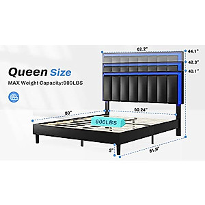 DICTAC Queen Bed Frame with LED Lights Headboard Modern Upholstered Platform LED Bed Frame Faux Leather Low Profile Platform Bed Frame,Wooden Slats Support, No Box Spring Needed, Easy Assembly, Black
