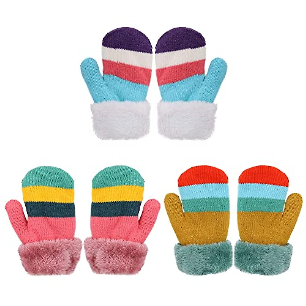 Arctic Paw Kids Gloves Winter Infant Mittens Boys Mittens Outdoor Sherpa Lined Winter Mitten Gloves Black Toddler Mittens, Stripe Mixed