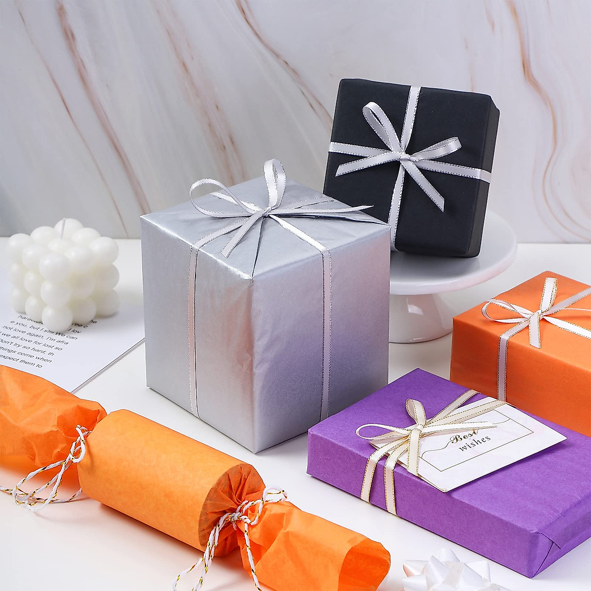 LeZakaa 100 Sheets Tissue Paper Bulk, Gift Wrapping Paper Decorative Art for Halloween Holiday Gift Wrap, Flower, Pom Pom Packing and Decorations (20x20 inch) - Silver, Purple, Black, Orange