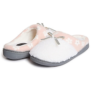 Lucky Brand Little Girls Floral Collar Bow Sherpa Clog Slippers, Kids Fuzzy Cozy Warm Slip On Bedroom Slipper House Shoes, Pink, Size 2-3