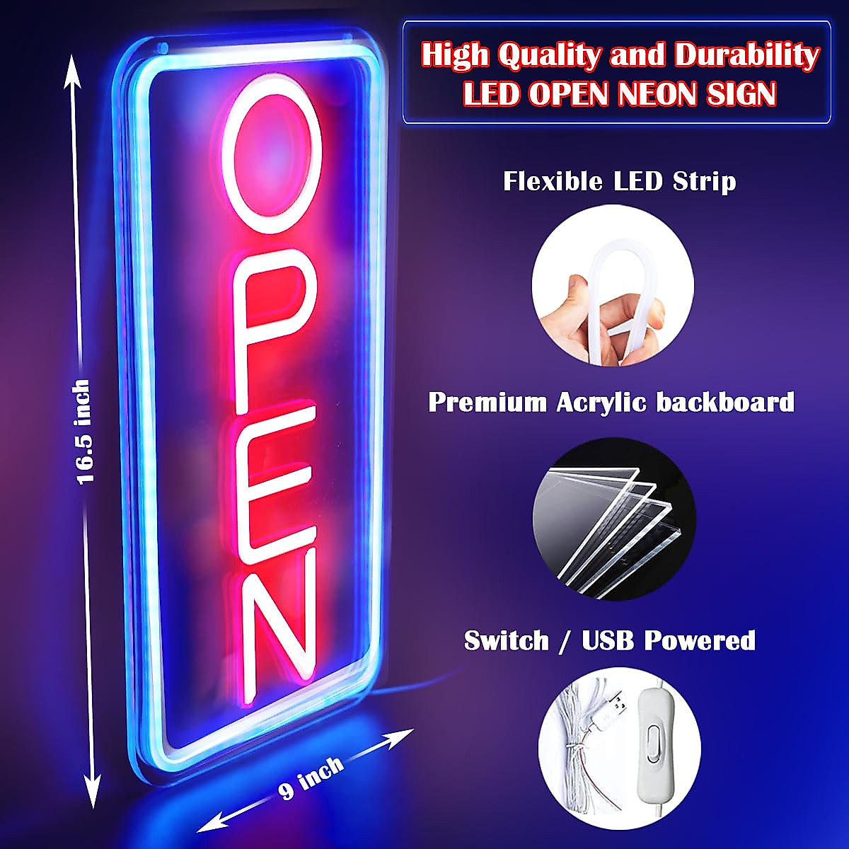 SunKite LED Neon Open Sign, 16.5"x 9" Business Hour Sign, Powered by USB with Switch, LED Display Window Lights for Cafe Bar Hotel Salon Bookstore Restaurant Grocery Shop Store Wall Decor