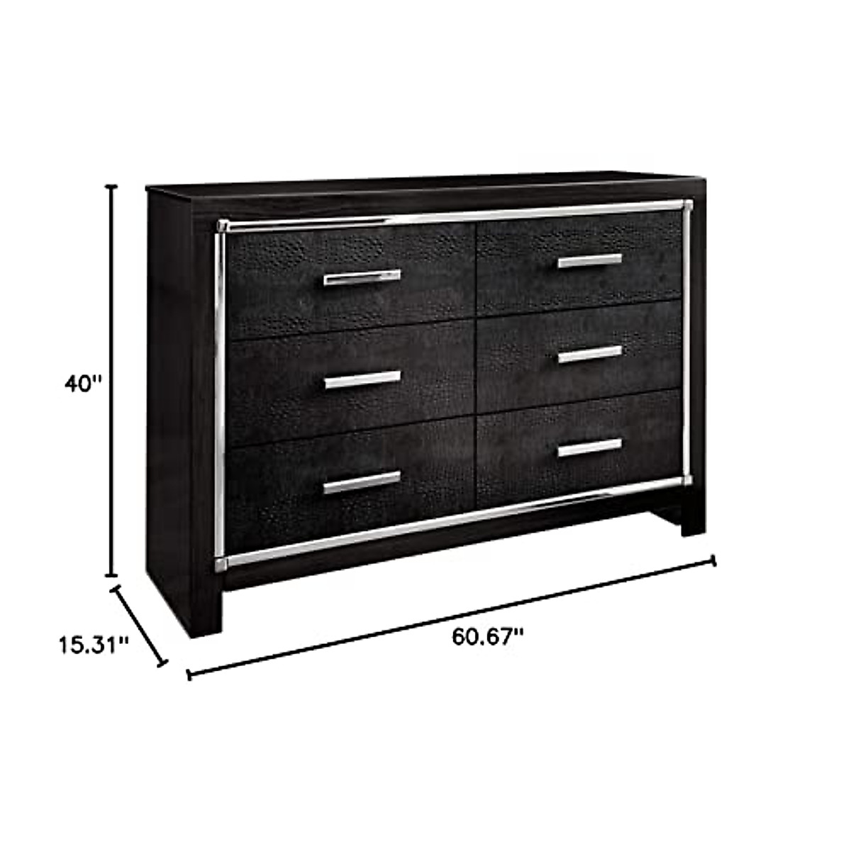 Signature Design by Ashley Kaydell Glam 6 Drawer Dresser with Faux Alligator Panels & Chrome-Tone Accents, Black