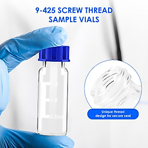 2ml Autosampler Vials, 9-425 HPLC vials, 2ml Clear Vials with Screw Caps, Red PTFE & White Silicone Septa, 100 Pacs PTFE Vials