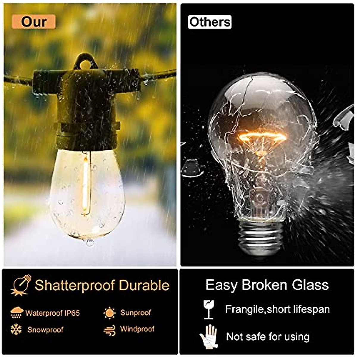 DAMAING Solar String Lights Outdoor 48Ft LED String Lights with 16 Shatterproof Bulbs,USB Rechargeable Patio Lights with 4 Lighting Modes,Heavy Duty Waterproof Solar Powered String Lights