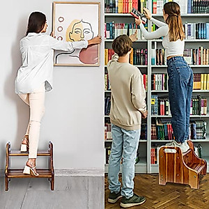 Wood Step Stool for Kids and Toddlers, Natural Acacia Solid Wood, Portable 2 Handles, Wider 2 Steps, Safe Non-Slip Bottom, Rounded Corners, Supports up to 200 lbs, Perfect for Children (Natural)