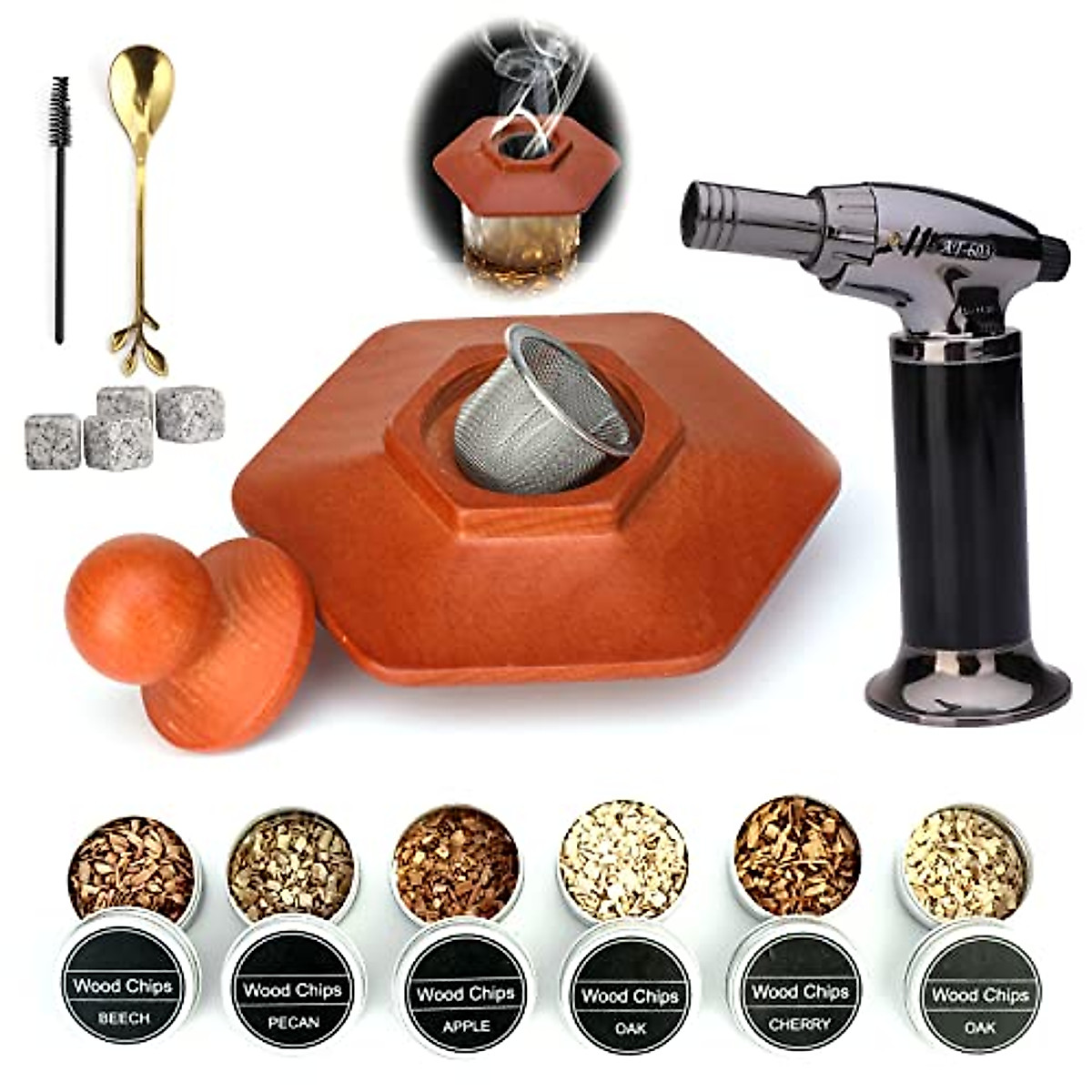 Smoker Whiskey Smoker Kit with Torch，Droyek Six Flavors of Wood Smoker Chips with Exquisite Packaging, Drink Smoker Kit Infuse Whiskey and Bourbon. Gift for Dad & Husband & Friend (No Butane)