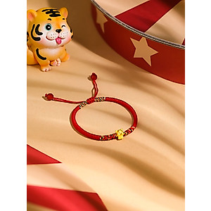 ZHOU LIU FU 24K Solid Gold Bracelet, Real Pure Gold Jewelry Charm Red Braided Bracelets Dainty Lucky Chinese Zodiac Tiger Ruyi Ingot Chain for Women Men Girlfriend