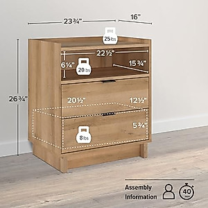 Prepac Simply Modern Nightstand Bedside Table, Natural Oak Nightstand for Bedroom, End Table with 2 Drawers and Open Shelf 23.75" W x 26.75" H x 16" D