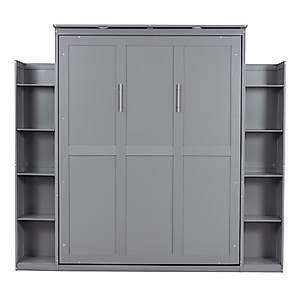 Merax Queen Size Murphy Bed, Queen Wall Bed Frame with Shelves and LED Lights, Gray