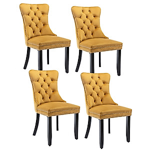 Rhomtree Set of 4 Velvet Fabric Dining Chairs Luxury Tufted Back with Nailed Trim and Back Ring Pull Home Kitchen Dining Room Chairs Armless Side Chairs Solid Rubber Wood Legs (Gold)