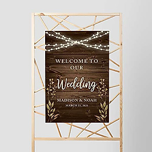 Andaz Press Personalized Extra Large Wedding Easel Board Party Sign, 12x18-inch, Rustic Wood with Hanging Ball Lights and Florals, Welcome to Our Wedding Bride Groom Name Date, 1-Pack, Custom