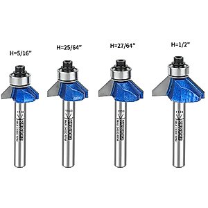 KOWOOD Plus 45 Degree Chamfer Router Bit Set, 1/4 Inch Shank, Cutting Diameter in 1/4”, 5/16”, 3/8”, 1/2”.KOWOOD C3 Carbide. Ideal for Angled Edges, Clean Edge or Decorative Pieces