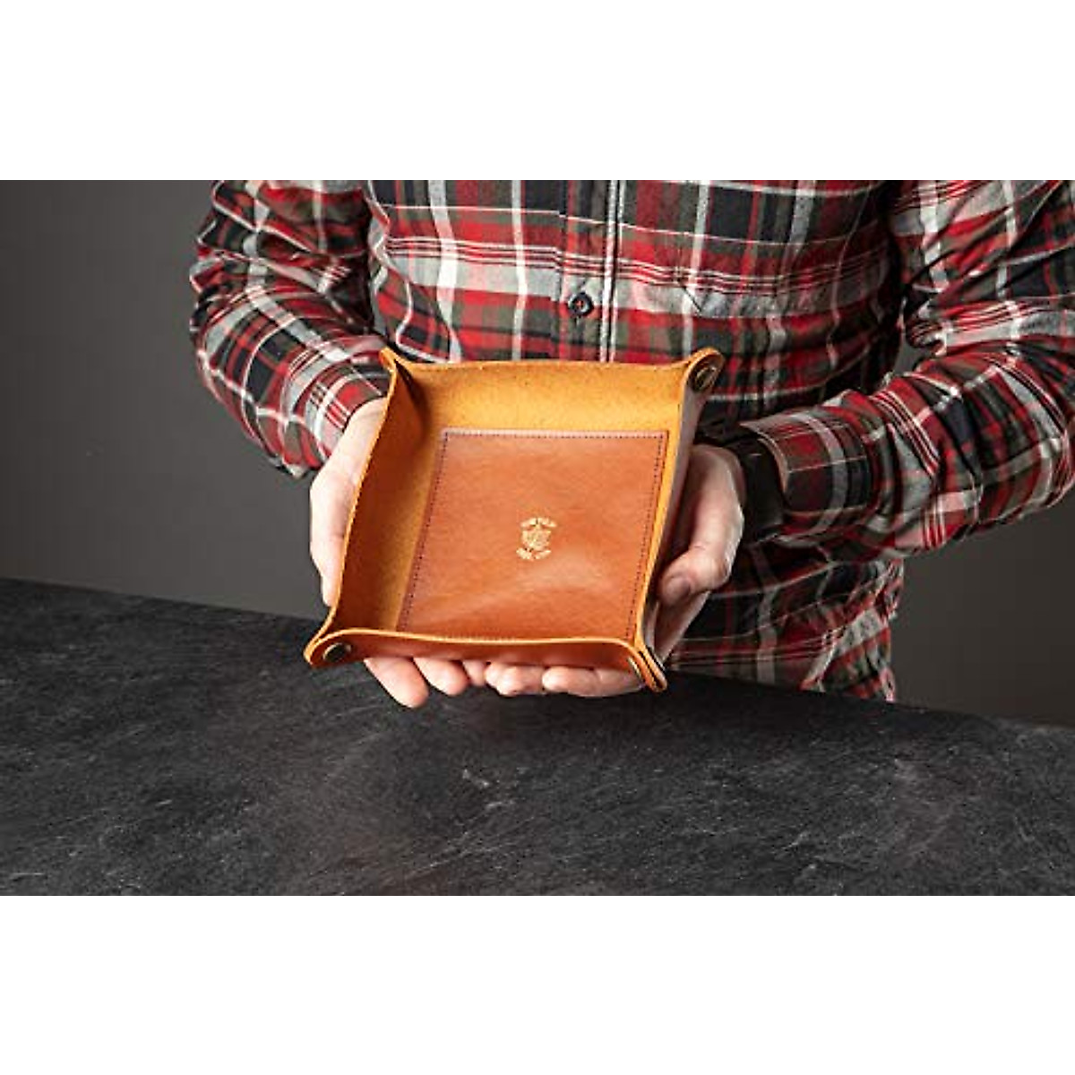 USA Made Premium Leather Valet Tray, Folds Flat! Little Buddy Dice Rolling Basket and Organizer With Brass Snaps - Reinforced Felt Bottom - For Keys, Jewelry, Coin, EDC, Watch Storage Caddy - Chestnut