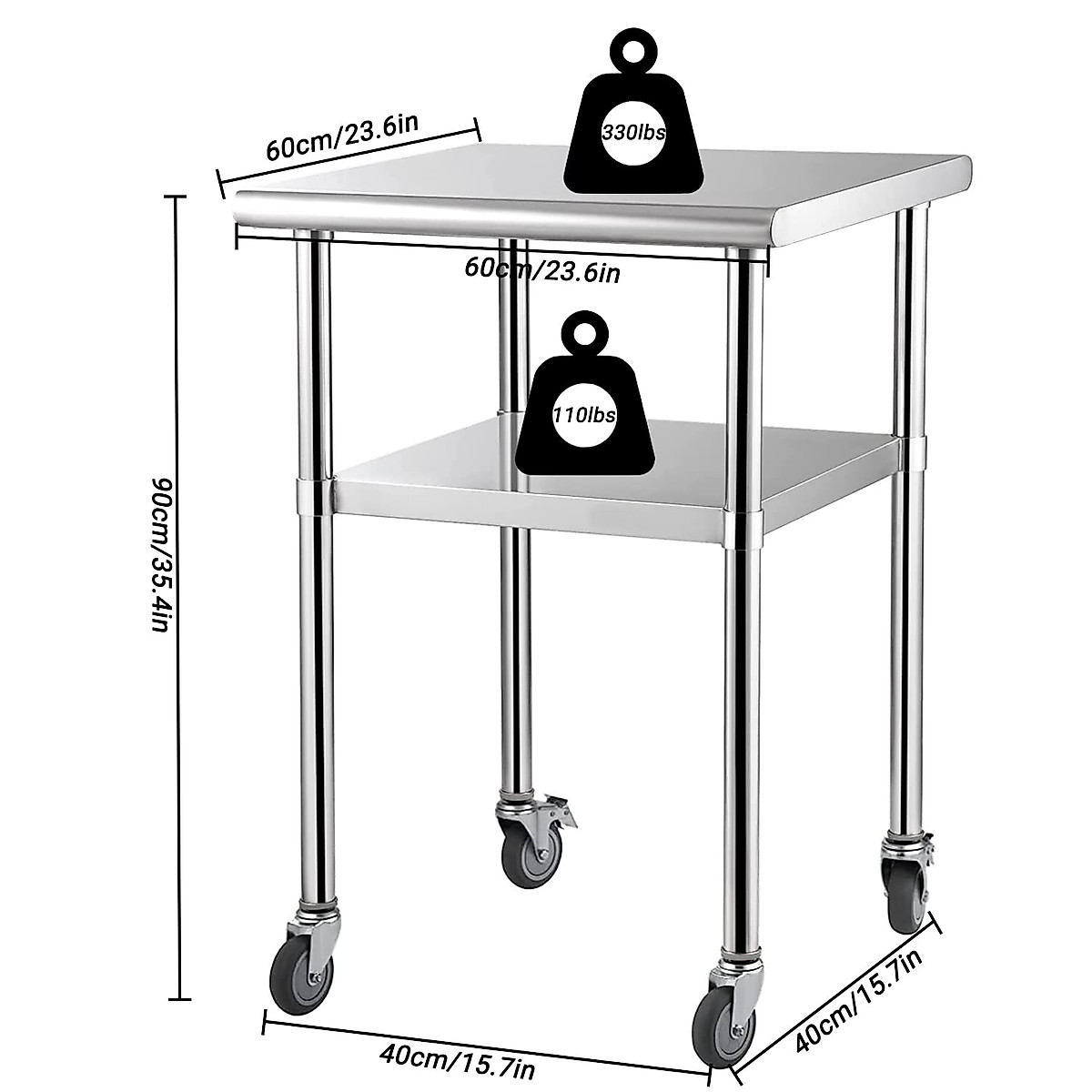 tonchean 24 × 24 × 36in Stainless Steel Workbench with Wheels, NSF Heavy Duty Commercial Workbench with Adjustable Shelves and Caster Brake Cart for Commercial Kitchen, Hotel, Laundry, Storage, Home