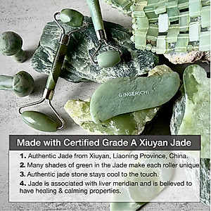 Ginger Chi Jade Roller - Anti-Aging Jade Therapy for Skin Care - Face Sculpting Tool for Eyes, Cheeks, Forehead - Jawline Shaper & Neck Roller - Face Roller is Part of The Gua Sha Facial Tools