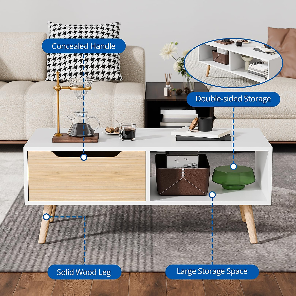 Cozy Castle Modern Coffee Table, Wooden Cocktail Table with Storage, Minimalist Hallway Table, Mid Century Modern Coffee Table for Living Room Apartment Reception, White