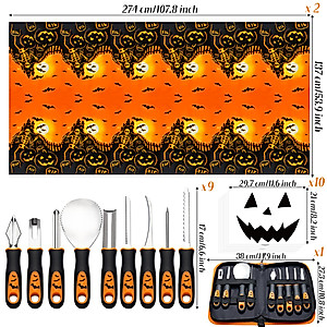 CNhoqc Halloween Pumpkin Carving Tools Set, Stainless Steel Carving Pumpkin Knife Kits with 10pcs Pumpkin Funny Face Stencils, 2pcs Disposable Pumpkin Theme Tablecloths for Fall Halloween Party Decor