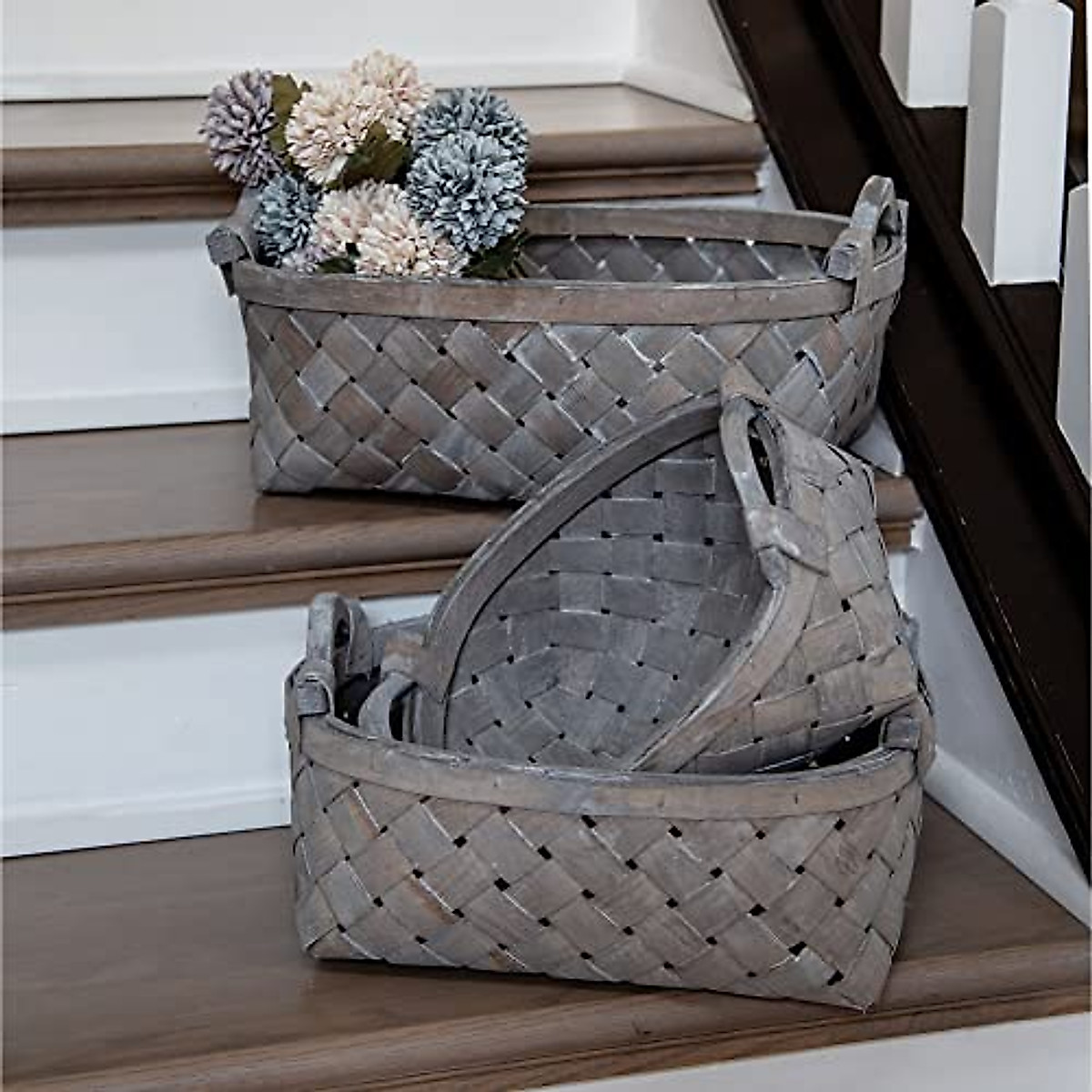 3/set Graywashed Oval Baskets W/wooden Handles Grey Farmhouse Wicker