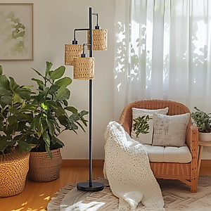 Maxax Rattan Floor Lamp, 3 Lights Farmhouse Tree Standing Lamp with Wood Rattan Shades, Multi Head Vintage Tall Pole Lamp for Bedroom Living Room, Office - 65 Inches