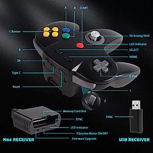 2 Pack 2.4 GHz Wireless Switch N64 Controller, USB Receiver & N64 Receiver, Compatible with Windows PC iOS Mac Raspberry Pi, N64 / Switch Online/NSO - (Rechargeable) (Plug and Play) - Black